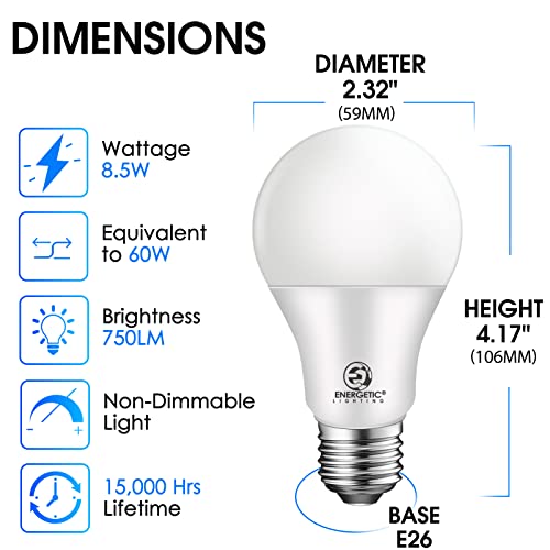 Energetic 24 Pack LED Light Bulbs, 60 Watt Equivalent A19 LED Bulb, Soft White 2700K, Non-Dimmable, E26 Base, UL Listed, 15000 Hrs, Standard Light Bulbs