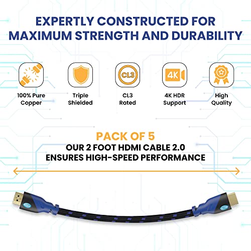 Aurum Ultra Series High Speed HDMI Cable with Ethernet HDMI Extender Braided Cable Supports 3D and Audio Return Channel up to 4k Resolution HDMI Cable 2 Ft 5 Pack