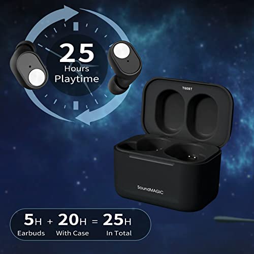 SoundMAGIC T60BT True Wireless Earphones in Ear Bluetooth Headphones with Microphone HiFi Stereo Sports Earbuds Waterproof Black