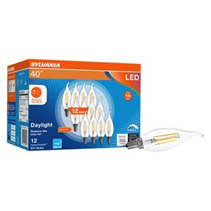 ledvance sylvania reduced eye strain b10 led light bulb, 40w = 4w, 13 year, candelabra base, dimmable, clear, 5000k, daylight – 12 pack (41230)