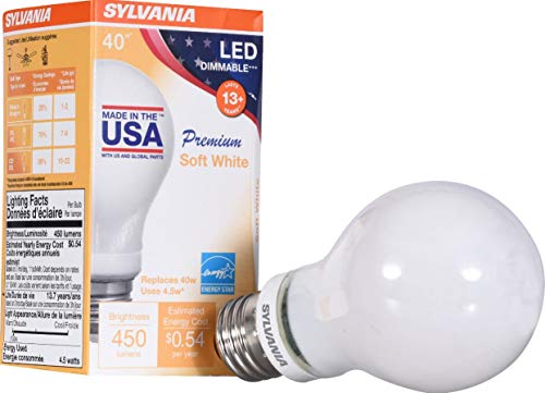 LEDVANCE 40228, Soft White Sylvania 40 Watt Equivalent, A19 LED Light Bulbs, Dimmable, Energy Star Rated, Color 2700K, Made in The USA with US and Global Parts, 1 Pack