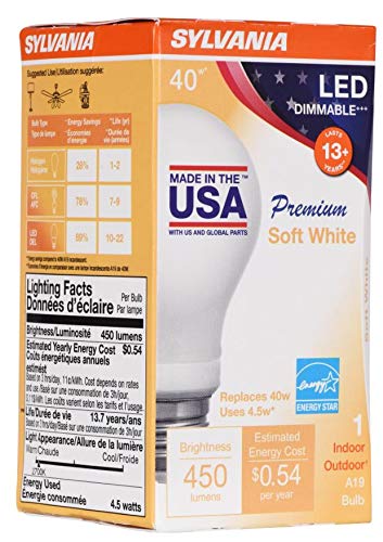 LEDVANCE 40228, Soft White Sylvania 40 Watt Equivalent, A19 LED Light Bulbs, Dimmable, Energy Star Rated, Color 2700K, Made in The USA with US and Global Parts, 1 Pack