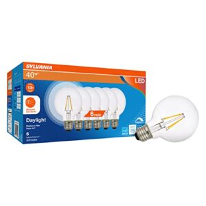 ledvance sylvania reduced eye strain g25 globe led light bulb, 40w = 4.5w, 13 year, dimmable, clear, 5000k, daylight – 6 pack (41240)