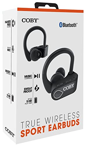 Coby Sports True Wireless Earbuds | Ear Buds Wireless Bluetooth Earbuds | 5 Hour Battery Life, Automatic Bluetooth 5.0 Pair, Sweatproof for Gym, Running, Workout, Exercise | iPhone & Android (Black)