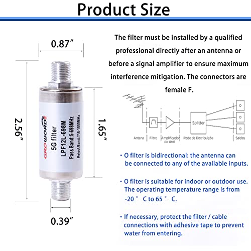 GROWORD-5G LTE Filter for TV Antenna Signal Purifier-Improve Digital HDTV Antenna and Amplifier Signals-4G/5G RF Filter Reduce Interference from Cell Phone Towers&Transmitters Frequency Range 5-698Mhz