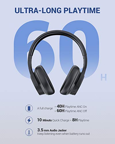 Cystereo Active Noise Cancelling Headphones with 40dB Noise Reduction, Wireless Bluetooth, 40H Playtime, aptX HD, Hi-Res Audio, Fast Charge, Deep Bass, Protein Earpads, 5 Built-in Mics, Black (Lava)