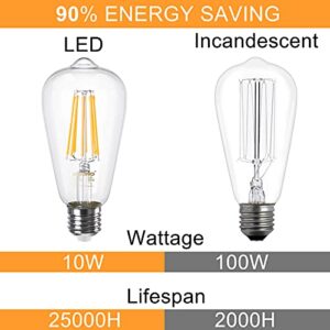 DiCUNO ST64 Edison Bulb Dimmable, Vintage LED Filament Light Bulbs, Warm White 2700K, 10W (100 Watt Equivalent), 1100 Lumens, 120V, E26 Standard Medium Base Clear Glass Retro Lighting, 6 Packs