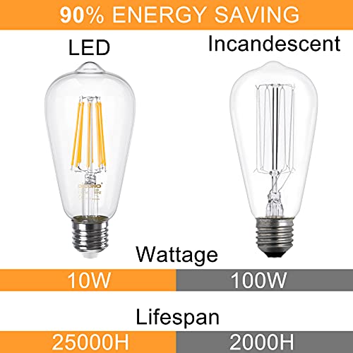 DiCUNO ST64 Edison Bulb Dimmable, Vintage LED Filament Light Bulbs, Warm White 2700K, 10W (100 Watt Equivalent), 1100 Lumens, 120V, E26 Standard Medium Base Clear Glass Retro Lighting, 6 Packs