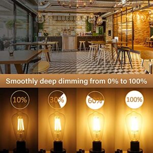 DiCUNO ST64 Edison Bulb Dimmable, Vintage LED Filament Light Bulbs, Warm White 2700K, 10W (100 Watt Equivalent), 1100 Lumens, 120V, E26 Standard Medium Base Clear Glass Retro Lighting, 6 Packs