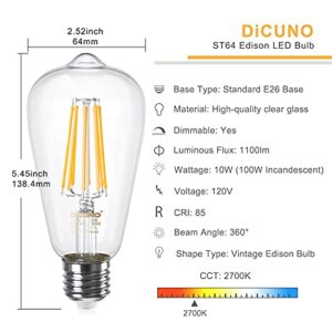 DiCUNO ST64 Edison Bulb Dimmable, Vintage LED Filament Light Bulbs, Warm White 2700K, 10W (100 Watt Equivalent), 1100 Lumens, 120V, E26 Standard Medium Base Clear Glass Retro Lighting, 6 Packs