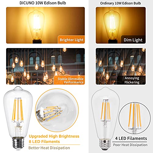 DiCUNO ST64 Edison Bulb Dimmable, Vintage LED Filament Light Bulbs, Warm White 2700K, 10W (100 Watt Equivalent), 1100 Lumens, 120V, E26 Standard Medium Base Clear Glass Retro Lighting, 6 Packs