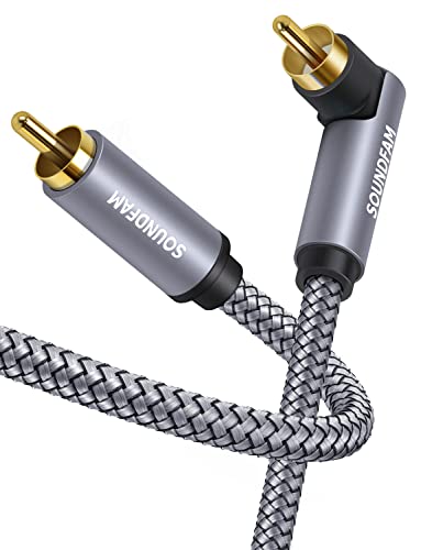 90 Degree RCA Cable SOUNDFAM Subwoofer Cable Right Angle Digital Coaxial RCA Cable Male to Male Vidio Audio Cable Gold-Plated Connectors for Home Theater, HDTV, Home Stereo and DVD- Grey (6.6ft/2m)