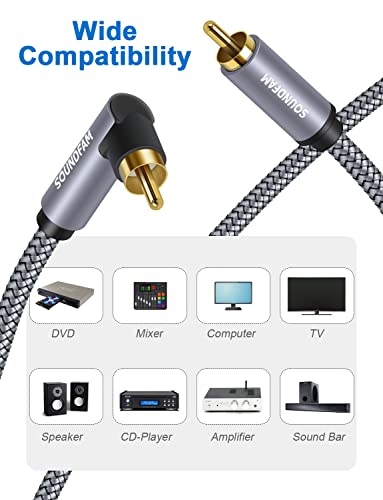 90 Degree RCA Cable SOUNDFAM Subwoofer Cable Right Angle Digital Coaxial RCA Cable Male to Male Vidio Audio Cable Gold-Plated Connectors for Home Theater, HDTV, Home Stereo and DVD- Grey (6.6ft/2m)