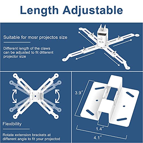 Projector Mount Wall or Ceiling Bracket with Adjustable Height and Extendable Arms Projection Mount for Different Size Projector(White)