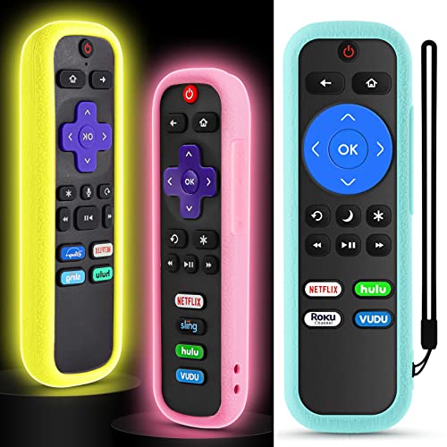 Wevove Case for Roku Remote Cover-3 Pack, Remote case Compatible with Roku TV Remote Cover, Silicone Protective Controller Universal Sleeve Glow in The Dark(Glow Yellow and Glow Pink and Blue)