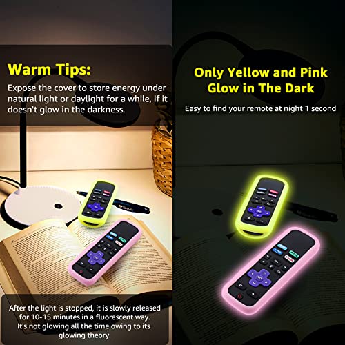 Wevove Case for Roku Remote Cover-3 Pack, Remote case Compatible with Roku TV Remote Cover, Silicone Protective Controller Universal Sleeve Glow in The Dark(Glow Yellow and Glow Pink and Blue)