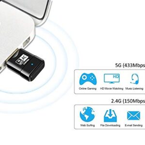 USB WiFi Adapter, AC600 Mini Wireless Network WiFi Dongle for PC/Desktop/Laptop, Dual Band (2.4G/150Mbps+5G/433Mbps) 802.11 ac, Support Windows 11/10/8/8.1/7/Vista/XP, Mac OS 10.9-10.15