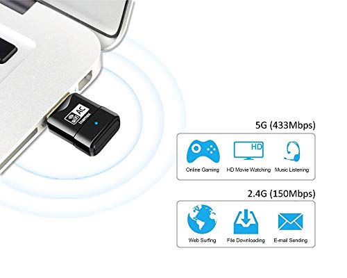 USB WiFi Adapter, AC600 Mini Wireless Network WiFi Dongle for PC/Desktop/Laptop, Dual Band (2.4G/150Mbps+5G/433Mbps) 802.11 ac, Support Windows 11/10/8/8.1/7/Vista/XP, Mac OS 10.9-10.15