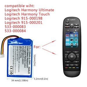 DC 3.7v 503450(523450) 1150mAh Lithium Polymer Replacement Battery for Logitech Harmony Touch,Harmony Ultimate Remote Controls 533-000083 533-000084 915-000198 915-000201