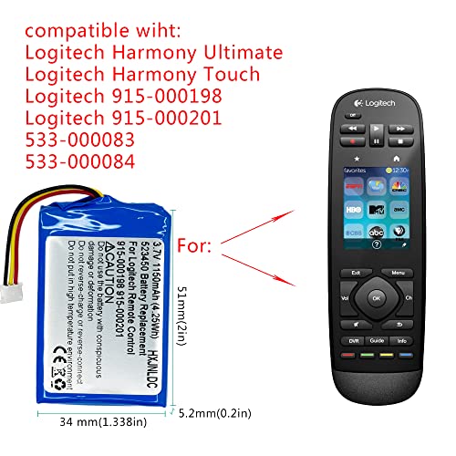 DC 3.7v 503450(523450) 1150mAh Lithium Polymer Replacement Battery for Logitech Harmony Touch,Harmony Ultimate Remote Controls 533-000083 533-000084 915-000198 915-000201