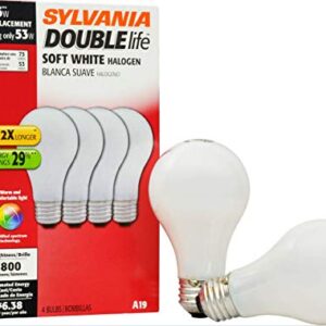 SYLVANIA Double Life Halogen Light Bulb, A19, 75W Equivalent, Efficient 53W, 800 Lumens, Soft White - 4 Pack (50045)