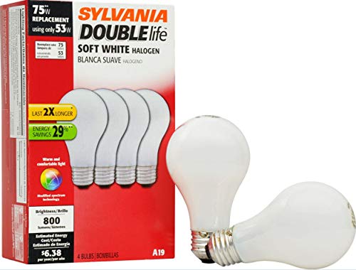 SYLVANIA Double Life Halogen Light Bulb, A19, 75W Equivalent, Efficient 53W, 800 Lumens, Soft White - 4 Pack (50045)