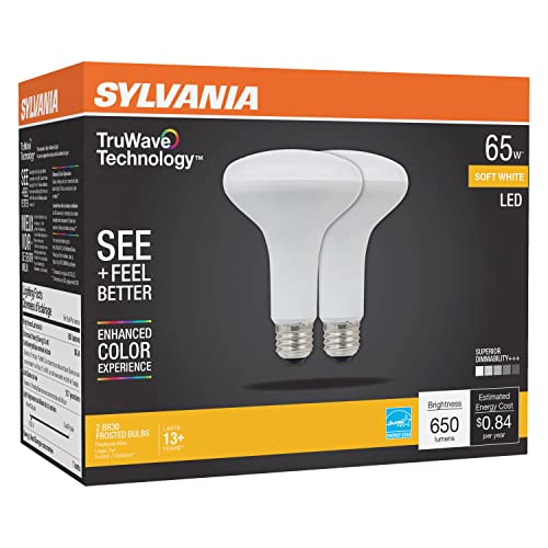 SYLVANIA LED TruWave Natural Series BR30 Light Bulb, 65W Equivalent Efficient 7W, Medium Base, Dimmable, 650 Lumens, Frosted, 2700K, Soft White - 2 pack (40728)