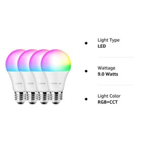 Smart WiFi Light Bulbs, LED Color Changing Lights, Works with Alexa & Google Assistant, RGBW 2700K-6500K, 60 Watt Equivalent, Dimmable with App, A19 E26, No Hub Required, 2.4GHz WiFi Only, Pack of 4