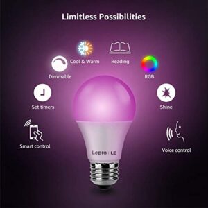 Smart WiFi Light Bulbs, LED Color Changing Lights, Works with Alexa & Google Assistant, RGBW 2700K-6500K, 60 Watt Equivalent, Dimmable with App, A19 E26, No Hub Required, 2.4GHz WiFi Only, Pack of 4