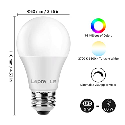 Smart WiFi Light Bulbs, LED Color Changing Lights, Works with Alexa & Google Assistant, RGBW 2700K-6500K, 60 Watt Equivalent, Dimmable with App, A19 E26, No Hub Required, 2.4GHz WiFi Only, Pack of 4