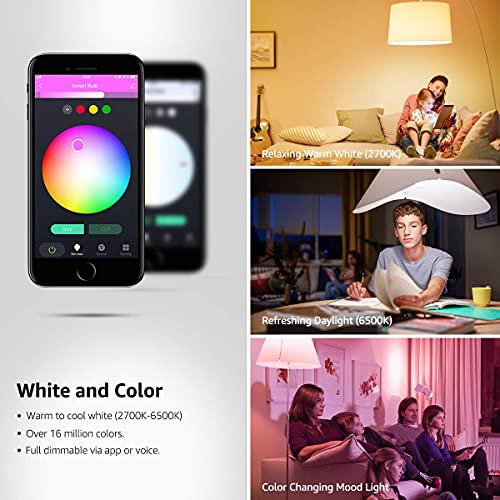 Smart WiFi Light Bulbs, LED Color Changing Lights, Works with Alexa & Google Assistant, RGBW 2700K-6500K, 60 Watt Equivalent, Dimmable with App, A19 E26, No Hub Required, 2.4GHz WiFi Only, Pack of 4