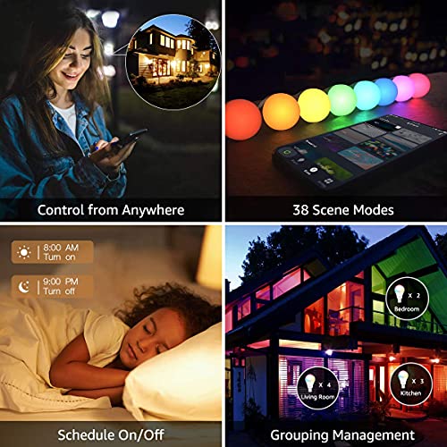 Smart WiFi Light Bulbs, LED Color Changing Lights, Works with Alexa & Google Assistant, RGBW 2700K-6500K, 60 Watt Equivalent, Dimmable with App, A19 E26, No Hub Required, 2.4GHz WiFi Only, Pack of 4