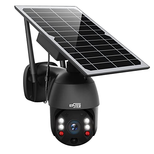 Solar Powered Wireless Security Camera Outdoor,ENSTER Pan Tilt WiFi Home Smart Cam Waterproof with Spotlight,Battery,Solar Panel, Color Night Vision,Motion Detection,2-Way Audio,SD&Cloud Storage-Black