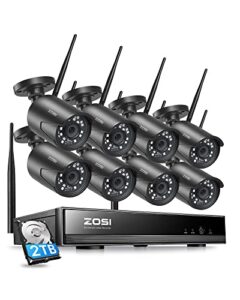 zosi 2k 3mp wireless security camera system, h.265+ 8 channel cctv nvr with 2tb hard drive for 24/7 recording and 8 x 3mp wifi ip camera outdoor indoor, night vision, motion alert, remote control