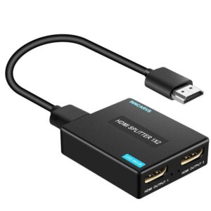 hdmi splitter 1 in 2 out with hdmi cable, 4k 1×2 hdmi splitter for dual monitors hd 1080p 3d splitter, supports hdcp1.4, xbox ps3/4/5 sky box fire stick dvd player(1 hdmi source to 2 hdmi displays)