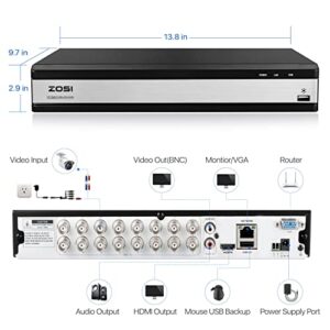 ZOSI H.265+ 16Channel Full 1080P Video Security DVR Recorder with 2TB Hard Drive,16CH Hybrid 4-in-1 Surveillance CCTV DVR for 960H/CVI/TVI/AHD Home Security Cameras system,Remote View,Motion Detection