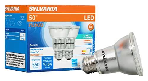 LEDVANCE Sylvania PAR20 LED Flood Light Bulb, 50W = 7W, Dimmable, 13 Year, Medium Base, 550 Lumens, Wet-Rated, 5000K, Daylight - 2 Pack (40400)