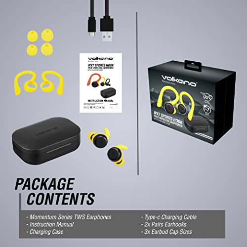 Volkano Momentum Series Sports Earbuds Bluetooth Wireless - Wireless Earphones with Removable Ear Hooks, Waterproof True Wireless Sports Earbuds, Running & Workout Bluetooth Earphones (Yellow)