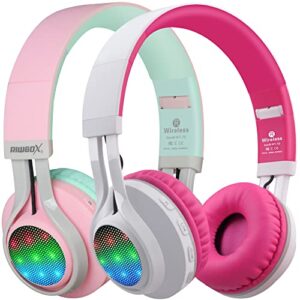 2 packs riwbox wt-7s kids headphones wireless, foldable stereo bluetooth headset with mic compatible with pc/laptop/tablet/ipad pink&white