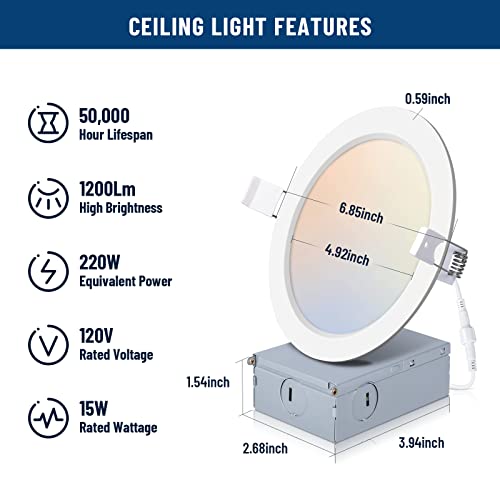 POWERASIA 12 Pack 6 Inch Ultra-Thin LED Recessed Ceiling Light with Junction Box, 5CCT Dimmable 2700K/3000K/4000K/5000K/6000K,15W 1200lm Can Killer Downlight-ETL and Energy Star Certified