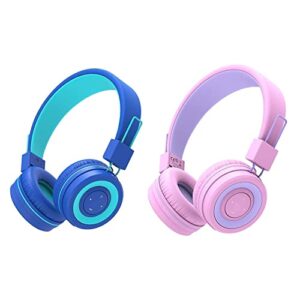 iclever bth02 kids headphones bundle, kids wireless headphones with mic, 22h playtime, bluetooth 5.0 & stereo sound, foldable, adjustable headband, blue&pink