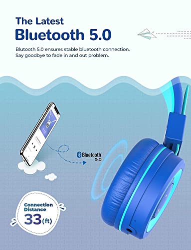 iClever BTH02 Kids Headphones Bundle, Kids Wireless Headphones with MIC, 22H Playtime, Bluetooth 5.0 & Stereo Sound, Foldable, Adjustable Headband, Blue&Pink