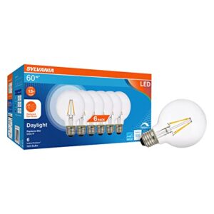 ledvance sylvania reduced eye strain g25 globe led light bulb, 60w = 6w, 13 year, dimmable, clear, 5000k, daylight – 6 pack (41244)