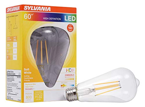 SYLVANIA LED Filament Light Bulb, ST19 Edison, 60W Equivalent, Efficient 8.5W, 13 Year, Dimmable, 800 Lumen, Clear Finish, 2700K, Soft White - 1 Pack (40255)