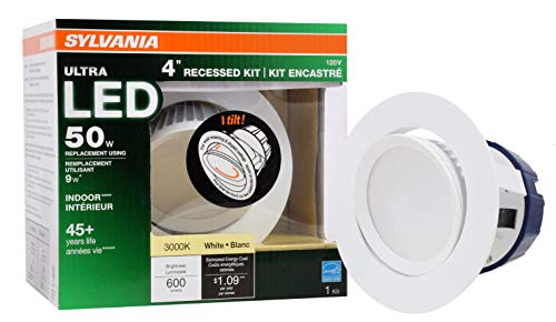 SYLVANIA General Lighting 70395 Ultra 4" Gimbal (Tilting) Recessed Downlight Kit, 50W Equivalent LED Lamp, 3000K (Warm White), White