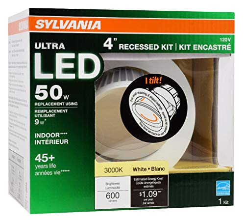 SYLVANIA General Lighting 70395 Ultra 4" Gimbal (Tilting) Recessed Downlight Kit, 50W Equivalent LED Lamp, 3000K (Warm White), White