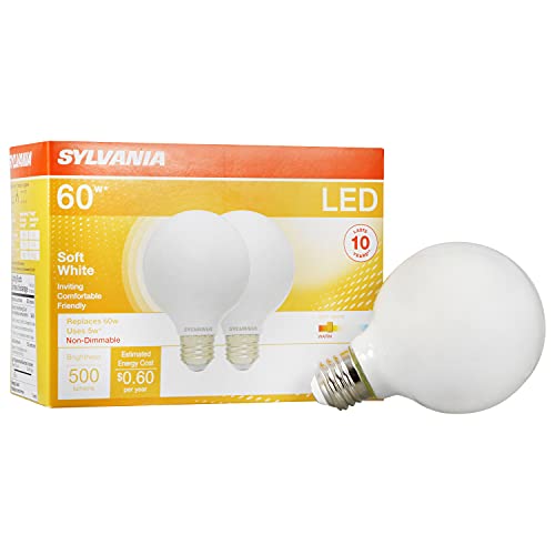 SYLVANIA G25 Globe Décor LED Light Bulb, 60W Equivalent Efficient 5W, 10 Year, Non-Dimmable, 500 Lumens, 2700K, Soft White, Frosted - 2 Pack (40215)