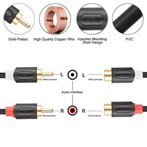 J&D 2 RCA Extension Cable, RCA Cable Gold Plated Audiowave Series 2 RCA Male to 2 RCA Female Stereo Audio Extension Cable, 6 Feet