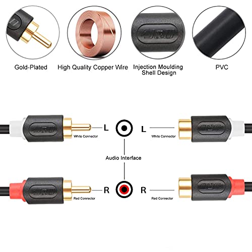 J&D 2 RCA Extension Cable, RCA Cable Gold Plated Audiowave Series 2 RCA Male to 2 RCA Female Stereo Audio Extension Cable, 6 Feet