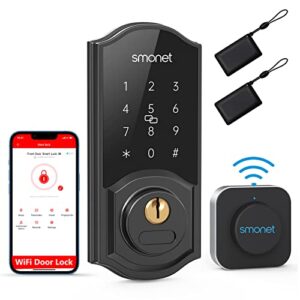 wifi door lock,smonet remote control smart deadbolt, digital electronic keyless entry locks bluetooth touchscreen auto lock with gateway hub, work with alexa,app,code,key for home front door,black